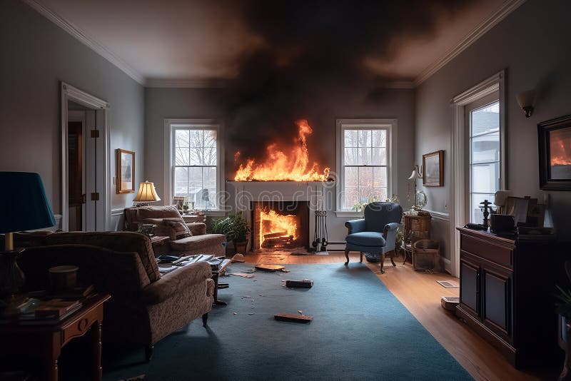Fire, Large Flames in the Living Room with a Fireplace. Stock ...