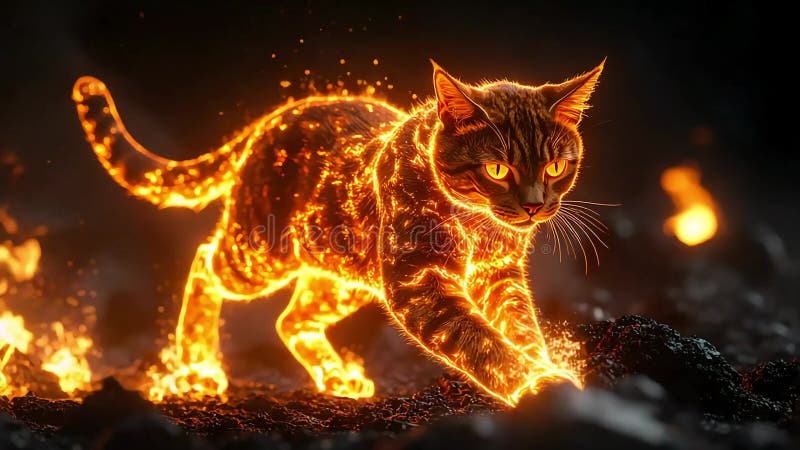 Fire-lined Tabby Cat Walks on Ash, Glowing Orange with Bright Eyes Stock Footage - Video of ...