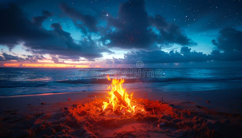 A Fire is Lit on a Beach at Sunset Stock Image - Image of sunset ...