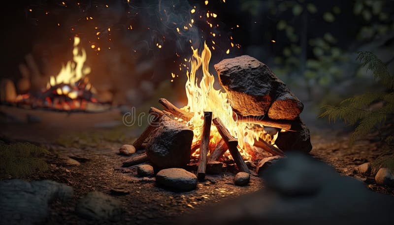 A Fire is Lit in the Dark with Rocks and Logs in Front of it and a Fire ...