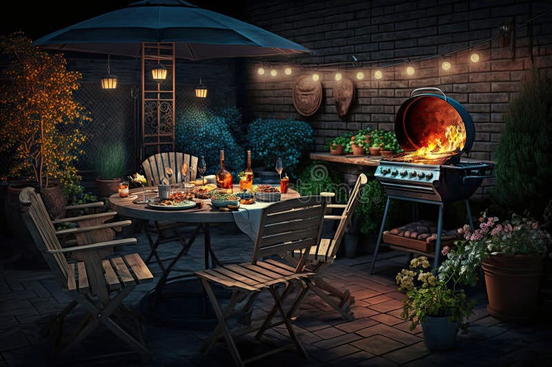 Fire-lit Grilling Patio with Barbeque and Summer Drinks on Backyard ...