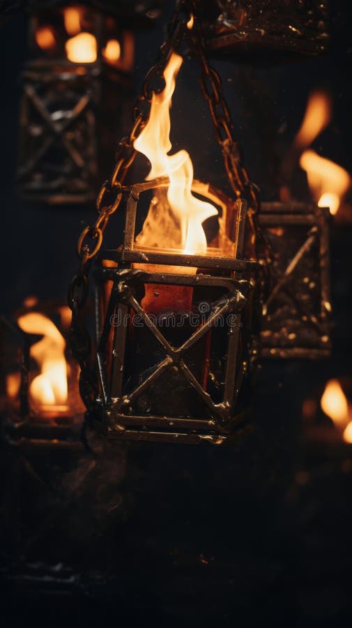 Fire Lit Lanterns Hanging from Chains in a Dark Room Stock Illustration ...