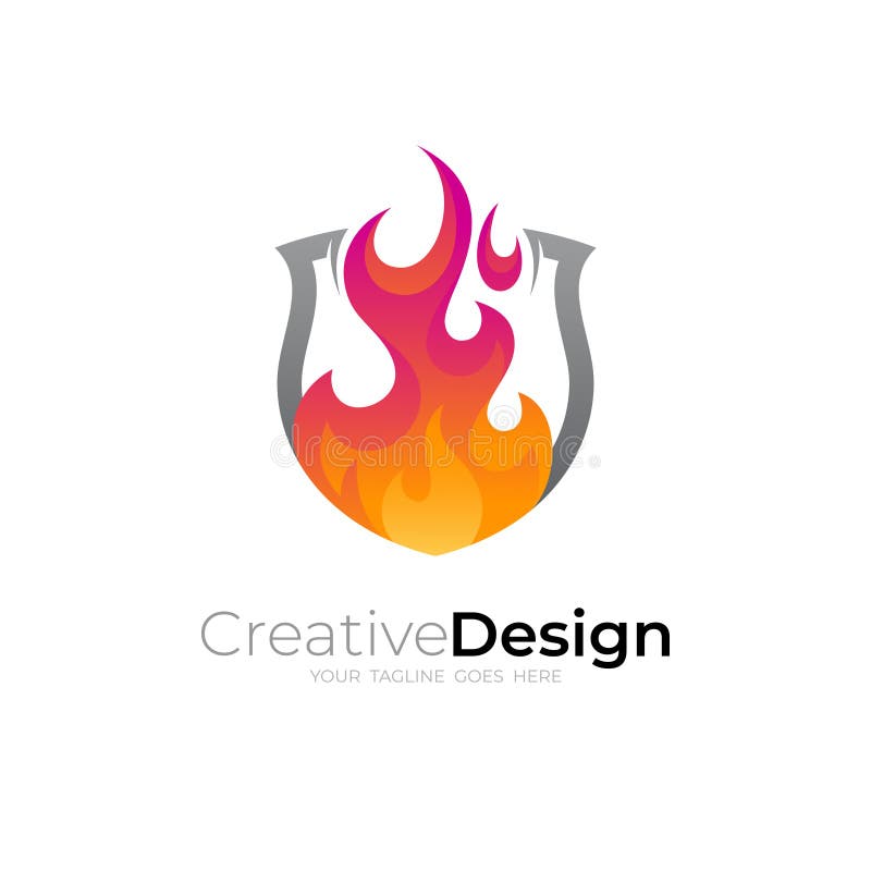 Fire Logo and Shield Design Combination, Flame Logo Illustration Stock ...
