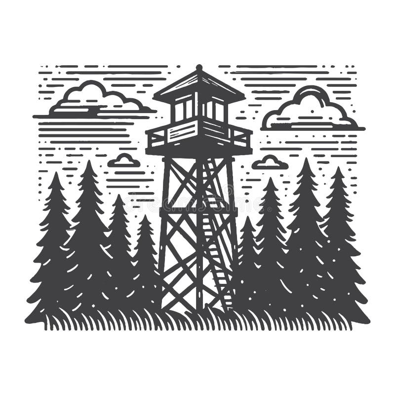 Fire Lookout Tower Dense Forest Vector Design Vintage Logo Retro ...