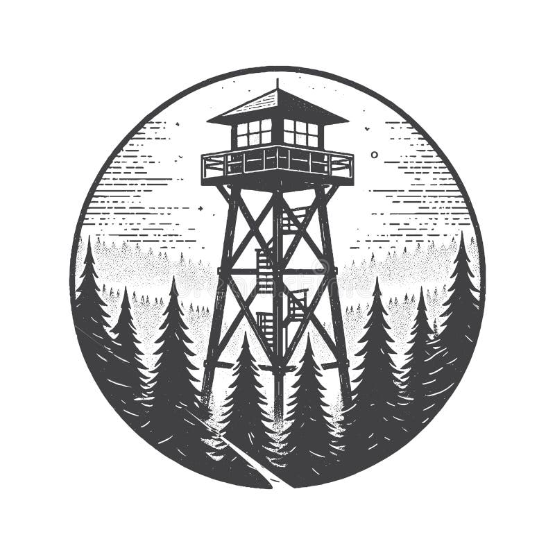 Fire Lookout Tower Dense Forest Vector Design Vintage Logo Retro ...