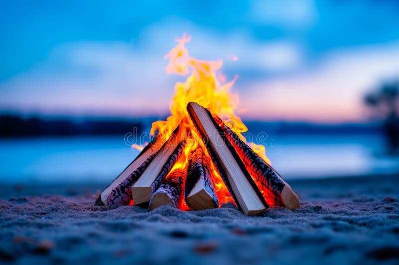 A Bonfire on the Beach with a Blue Sky in the Background Stock Photo ...