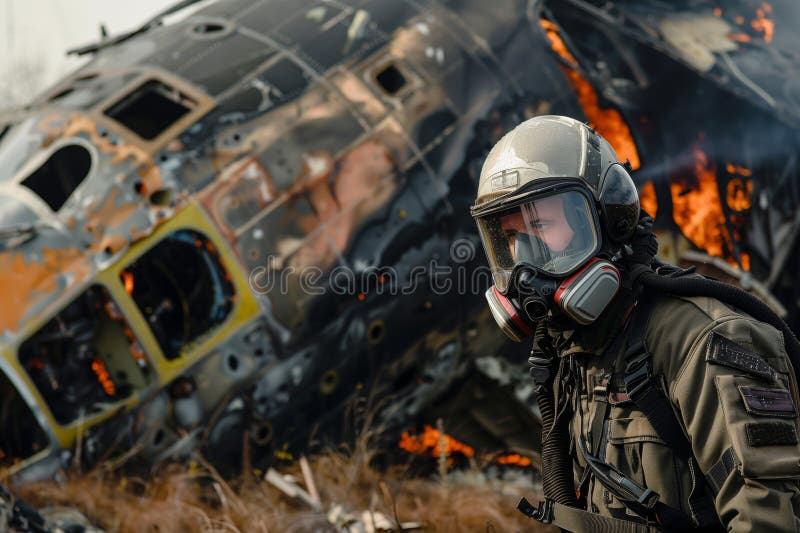 Fire Mask Clad Pilot Near Extinguished Plane Wreck Stock Photo - Image ...