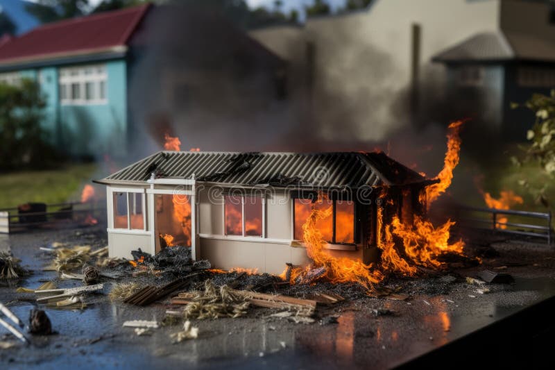 Fire and Model House Showing Risk Towards Property Stock Photo - Image ...
