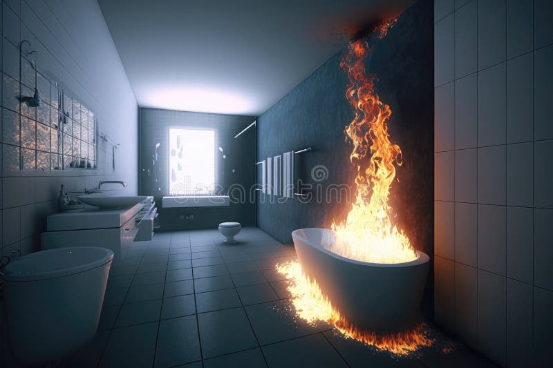 Fire in a Modern Bathroom. Generative AI Stock Illustration ...