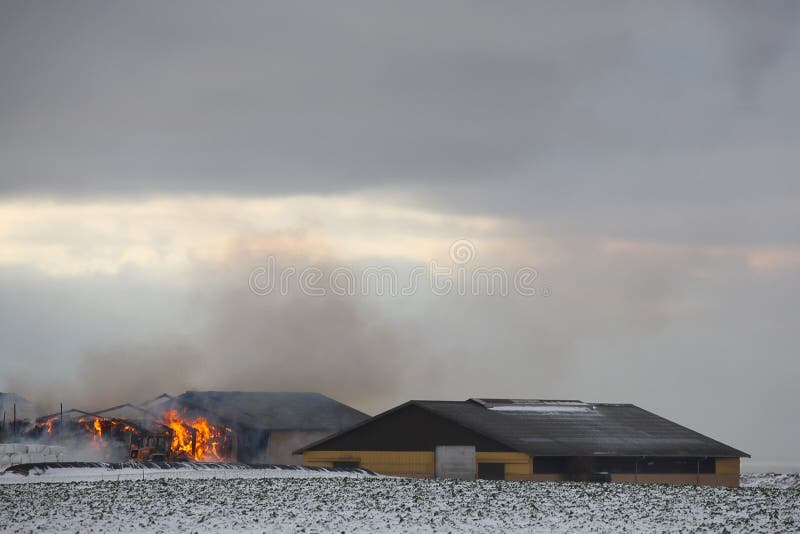 Fire at modern farm. stock image. Image of buildings - 33336387