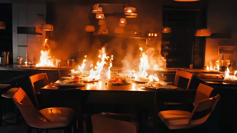 Fire in a Modern Restaurant Kitchen with Flames and Smoke Spreading ...