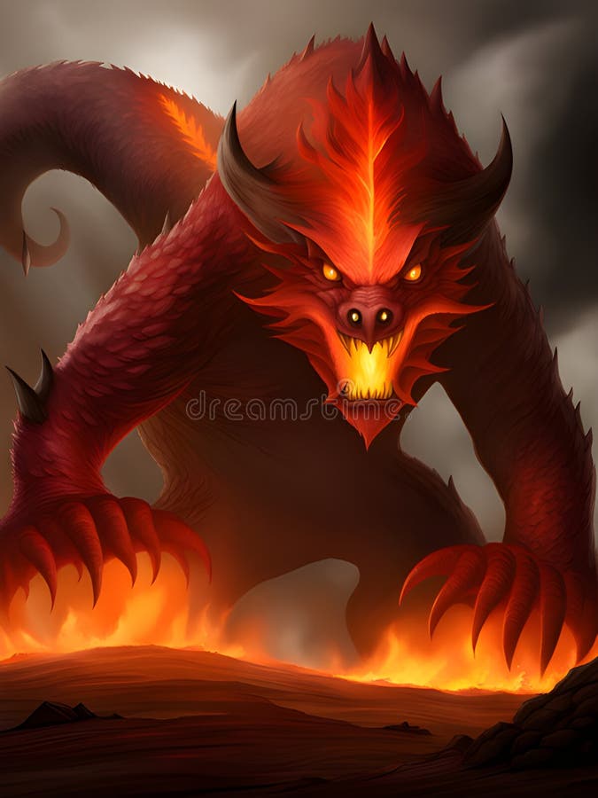 Fire monster in the cave stock illustration. Illustration of design ...