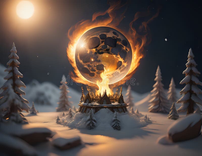 Fire Moon in the Middle of a Snowy Forest Stock Illustration ...
