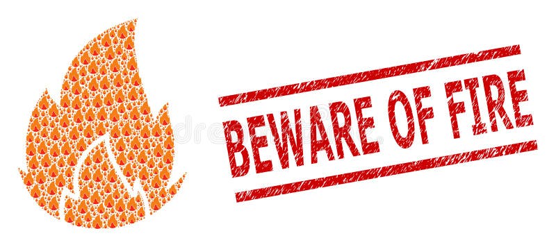 Fire Mosaic of Fire Items and Scratched Beware of Fire Seal Stamp Stock ...