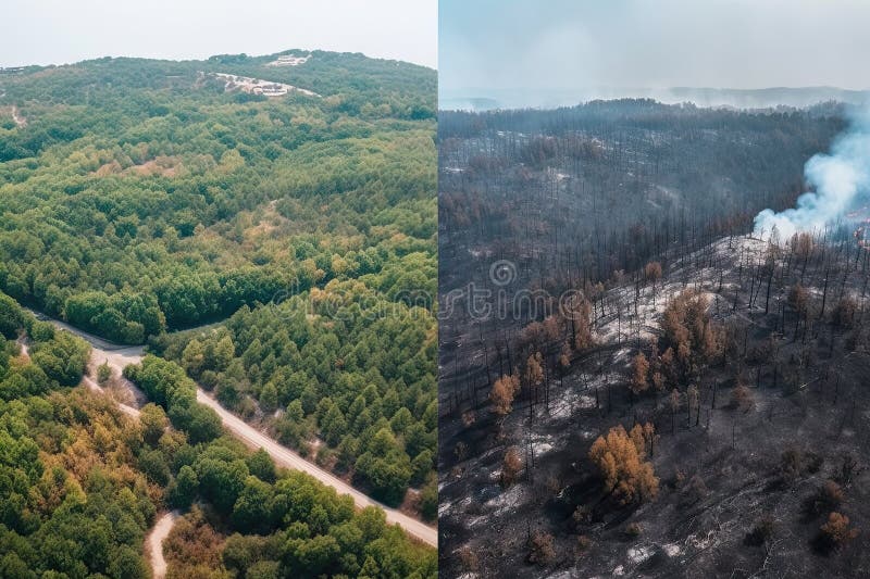 Two Pictures Side by Side of a Forest with Smoke Stock Photo - Image of ...