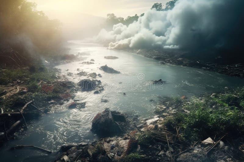 Fire Near the River in the Forest.Open Dump with Garbage with Waste ...