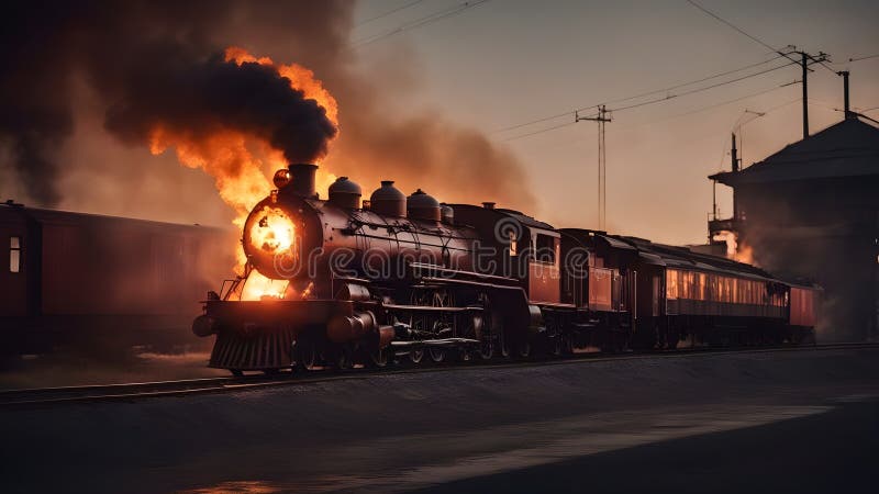 Fire in the Night a Burning Classic Train on Fire, Explosion Flames ...