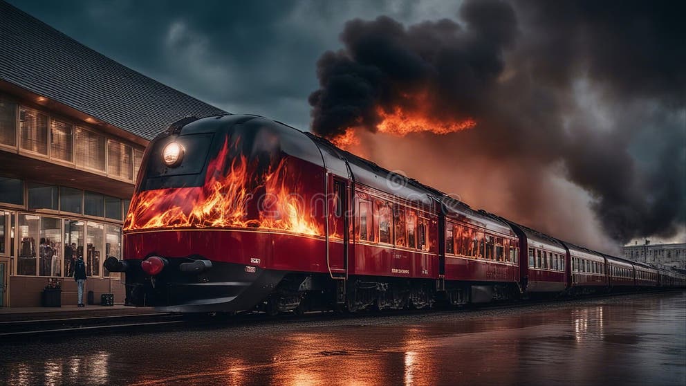 Fire in the Night Burning Ruby Train on Fire, Flames, that Shines at ...