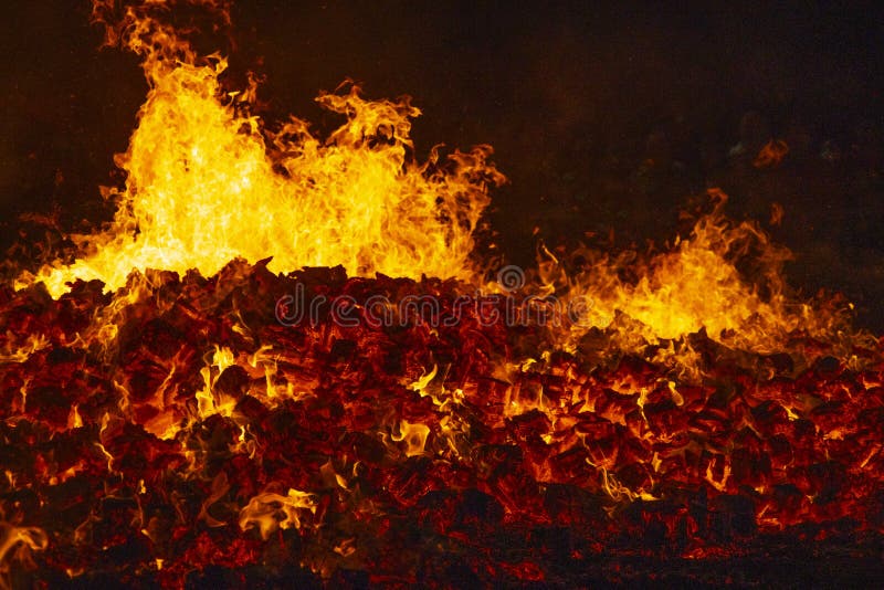 Fire by Night. Flames and Embers. Hot and Inferno Stock Photo - Image ...