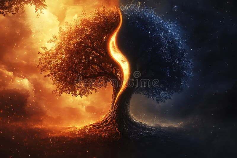 Fire and Night Sky Tree Split in Two Stock Illustration - Illustration ...