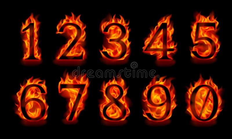 Fire Numbers 1, 2, 3, 4, 5, 6, 7, 8, 9, 0 Isolated on a Black ...