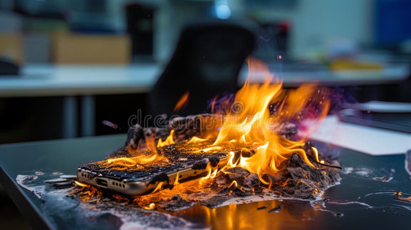 A Fire in the Office, a Burned Smartphone on the Table Stock ...