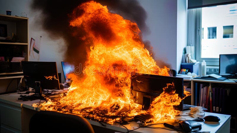 A Fire in the Office Where the Laptop on the Table Burns Stock ...