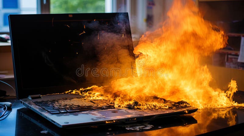 Fire in the Office Where the Laptop on the Window Burns Stock ...