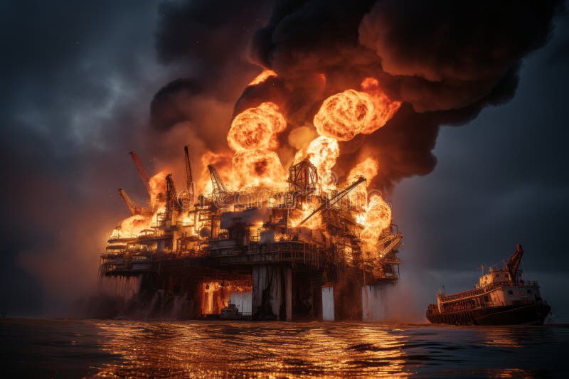 Fire on an Oil Rig in the Sea or Ocean Stock Illustration ...