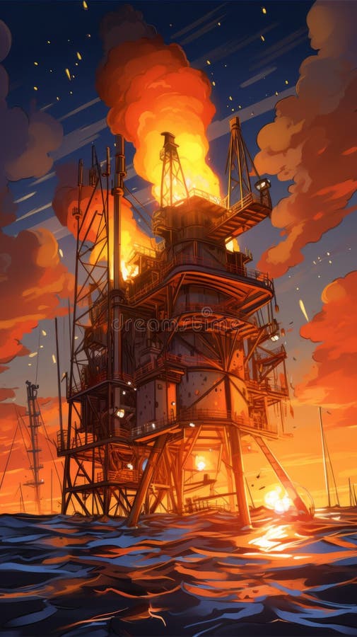 Fire on an Oil Rig in the Sea or Ocean Stock Photo - Image of fire ...