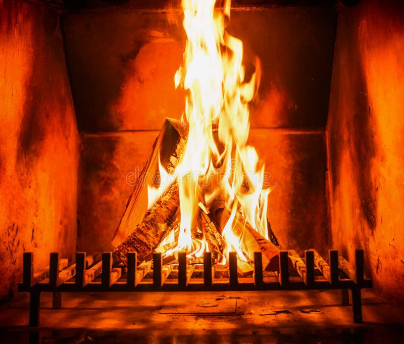 Fire in the Old Fireplace in Dark Room Stock Image - Image of glowing ...