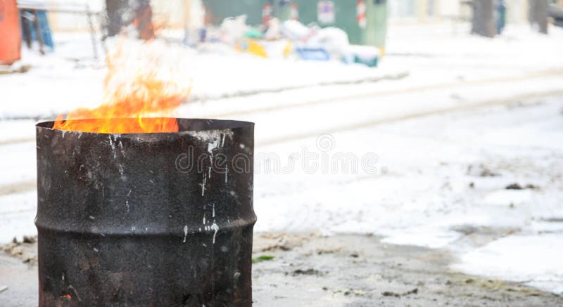 Fire in an Old Metal Barrel Stock Photo - Image of cold, burn: 84488552