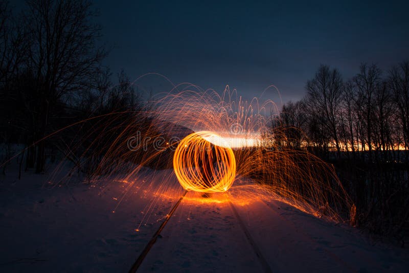 Fire Painting at Winter at Night Stock Image - Image of black, fireball ...