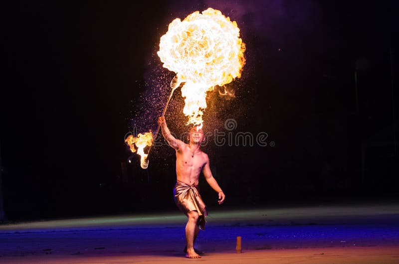 Graceful Girl Dancing Passionate Dance with Fire Fan in His Hand ...