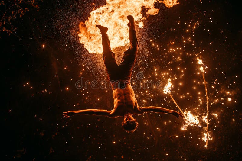 Fire Performer Doing Upside Down Trick with Fire Blazing Around Him ...