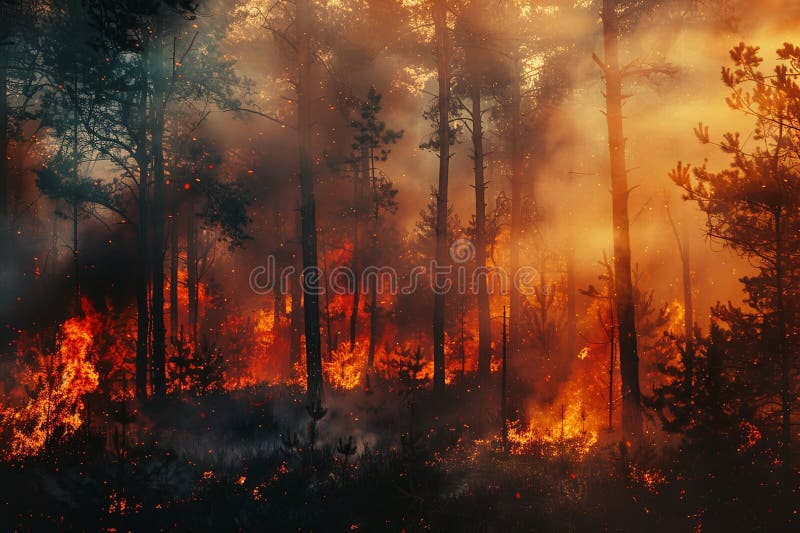 Fire in a Pine Forest, Big Flames and Smoke Stock Image - Image of ...