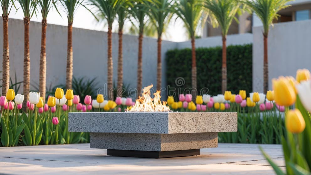 Fire Pit in a Backyard Surrounded by Palm Trees and Tulips in a Modern ...