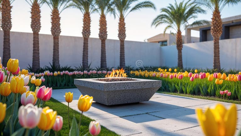 Fire Pit in a Backyard Surrounded by Palm Trees and Tulips in a Modern ...