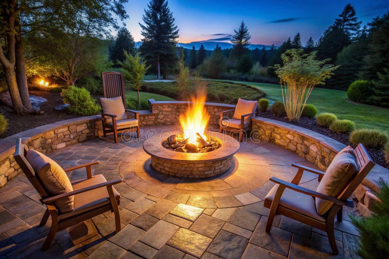 A Fire Pit Blazes Brightly on a Stone Patio at Night Casting Warm Light ...