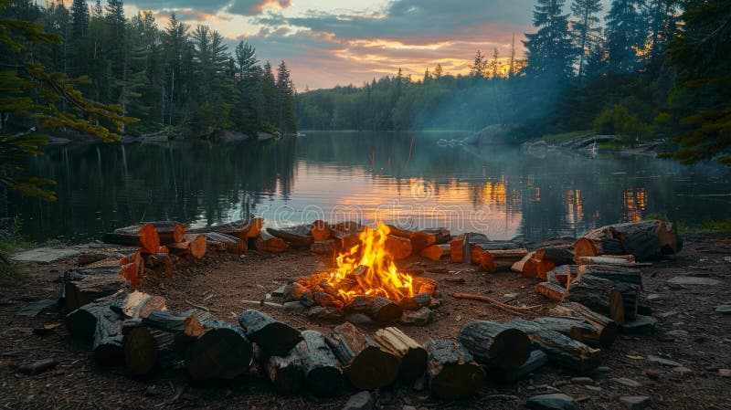 Fire Pit Amidst Lake stock photo. Image of glowing, dark - 312217234