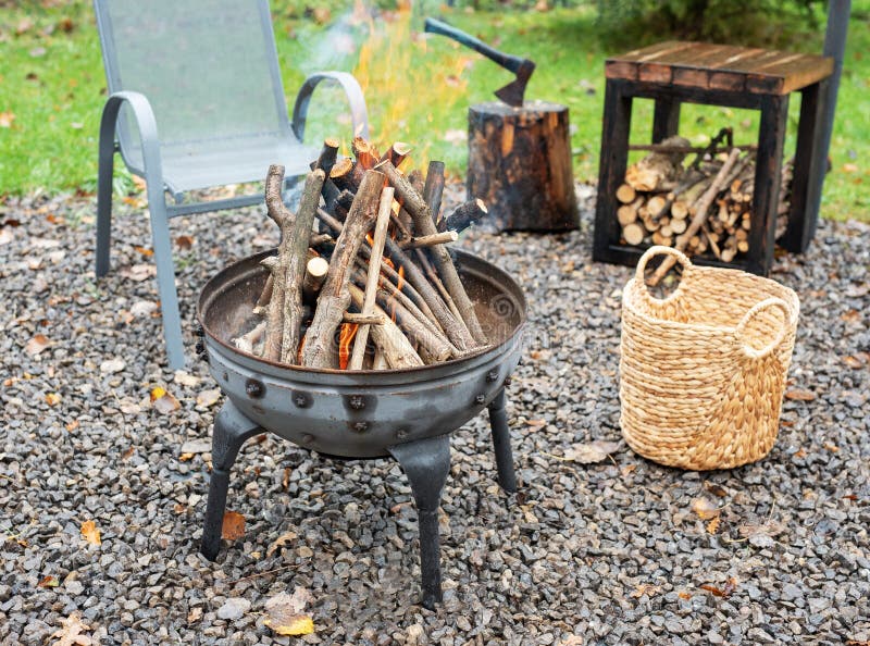 Fire Pit and Burning Fire in a Garden Stock Image - Image of warm ...