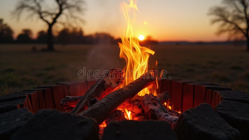Burning Firewood in Fire Pit at Sunset Stock Illustration ...