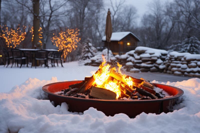 Fire Pit with Embers, Surrounded by Snow Stock Image - Image of snow ...
