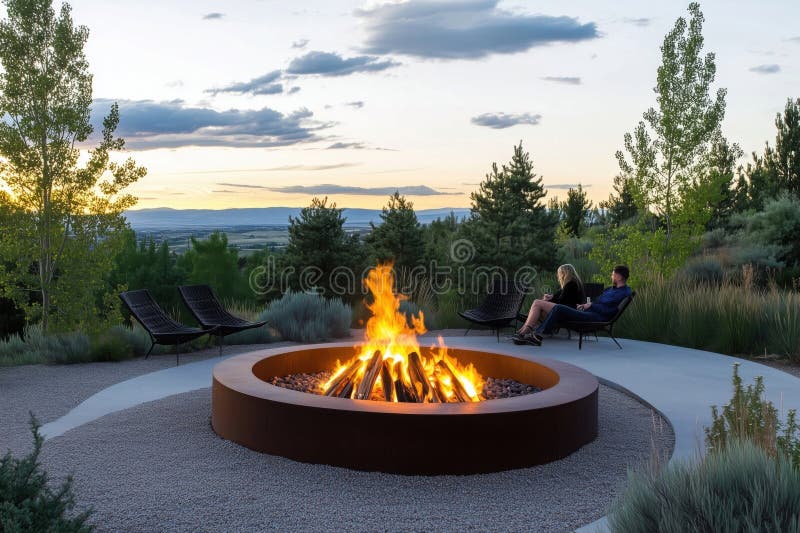 Fire Pit Gathering with Sunset View, Two People Relaxing, Surrounded by ...