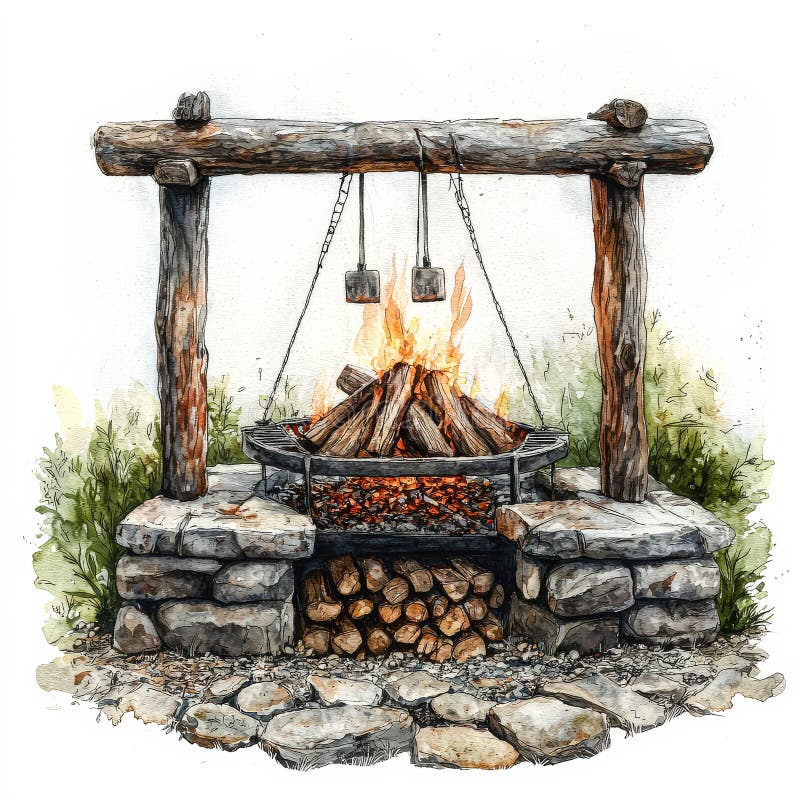 Fire Pit with a Grill Hanging Over it Stock Photo - Image of cauldron ...