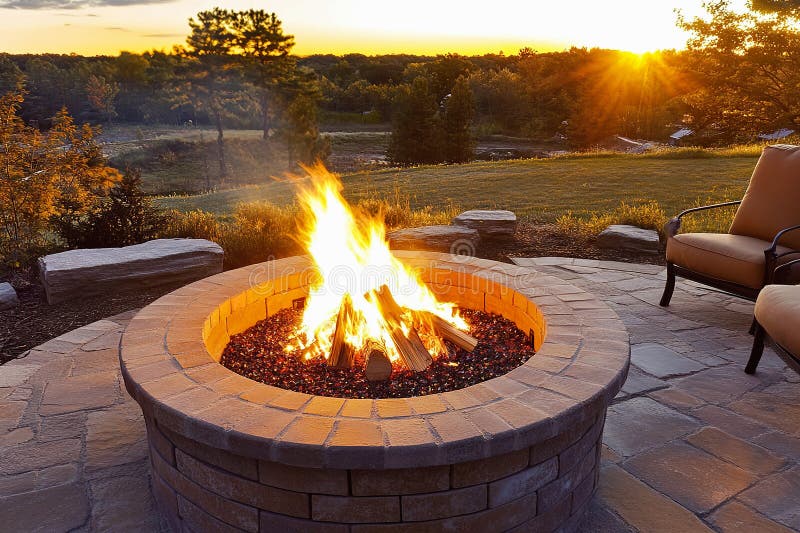Fire Pit Installation with Sunset View in Serene Outdoor Space Stock ...