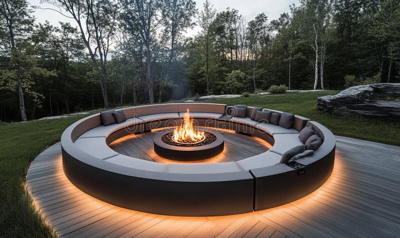 A Fire Pit is Lit in the Center of a Circle of Lounge Chairs Picture ...