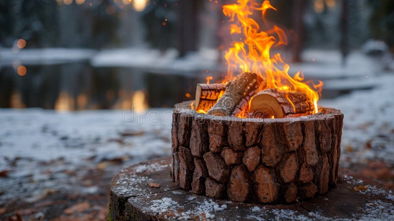 A Fire Pit with Logs and Flames in the Snow, AI Stock Image - Image of ...
