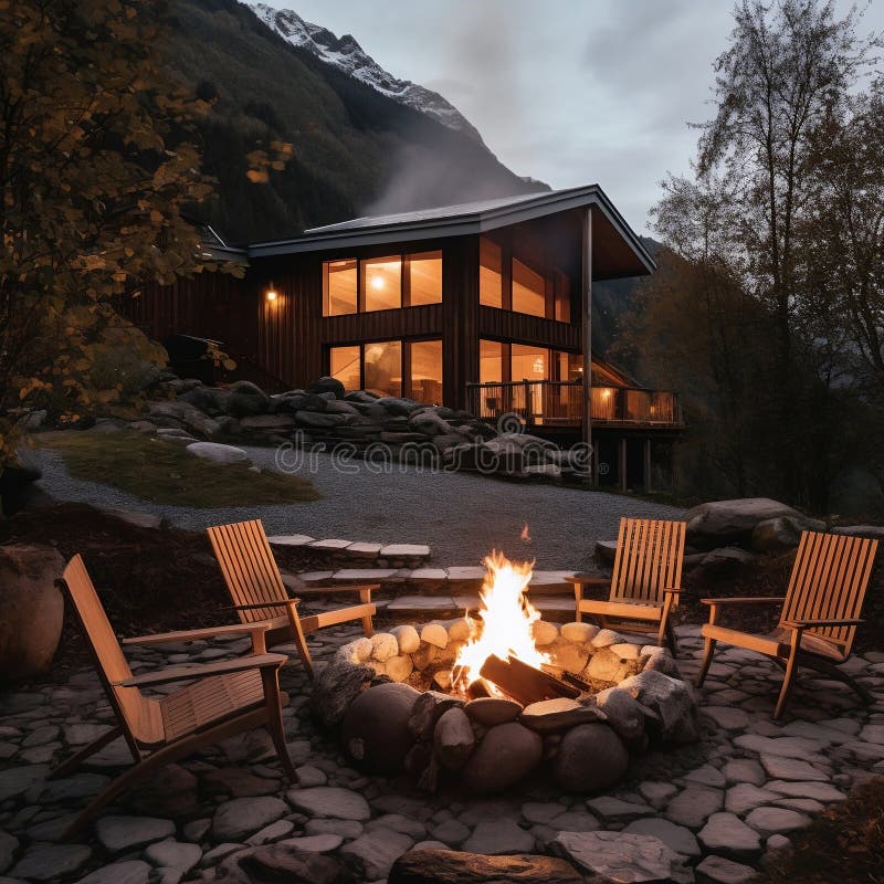 Fire Pit Near a Modern Mountain House. Image Generated by AI Stock ...