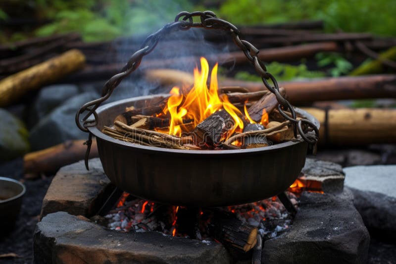 Fire Pit with a Pot for Cooking Campfire Meals Stock Photo - Image of ...